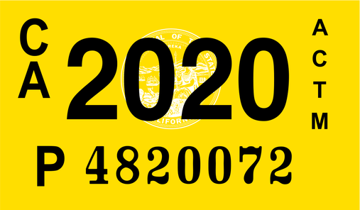 2020 YEAR STICKER ON CALIFORNIA LICENSE PLATE