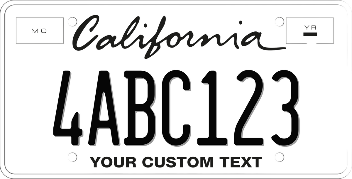 WHITE CALIFORNIA LICENSE PLATE IN TWO LINES - WHITE WITH BLACK TEXT 6"