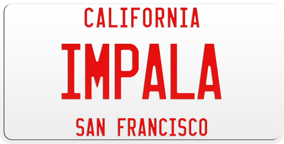WHITE CALIFORNIA LICENSE PLATE IN TWO LINES - WHITE WITH RED TEXT 6"x1