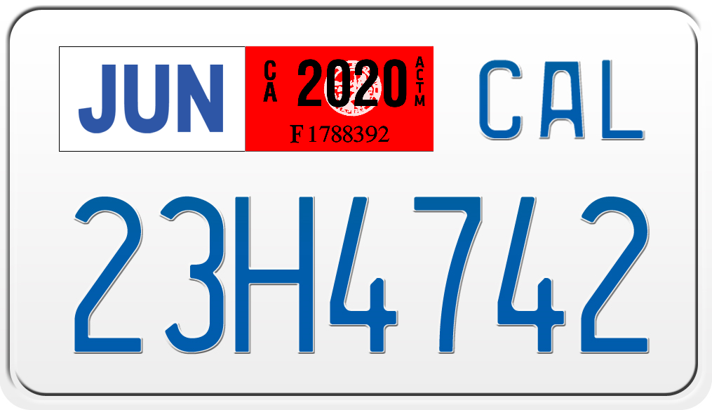 2020 CALIFORNIA MOTORCYCLE LICENSE PLATE 4"x7" (100mm x 180mm)